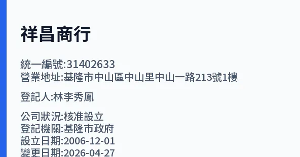 祥昌商行的照片-統編 31402633(基隆市) 公司登記資料與營業項目詳細圖表