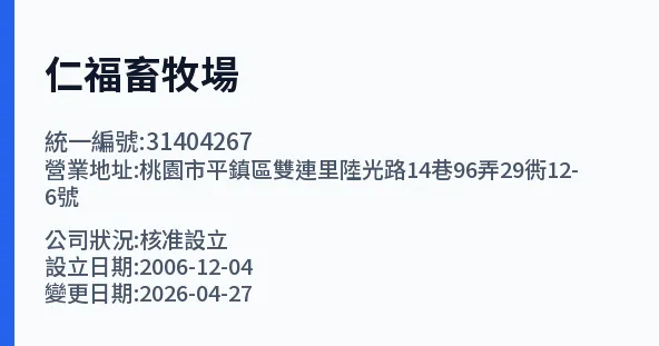 仁福畜牧場的照片-統編 31404267(桃園市) 公司登記資料與營業項目詳細圖表