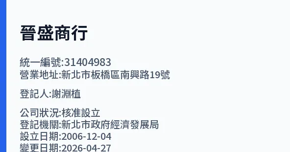 晉盛商行的照片-統編 31404983(新北市) 公司登記資料與營業項目詳細圖表