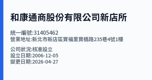 和康通商股份有限公司新店所的照片-統編 31405462(新北市) 公司登記資料與營業項目詳細圖表