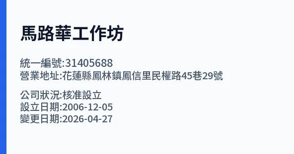 馬路華工作坊的照片-統編 31405688(花蓮縣) 公司登記資料與營業項目詳細圖表