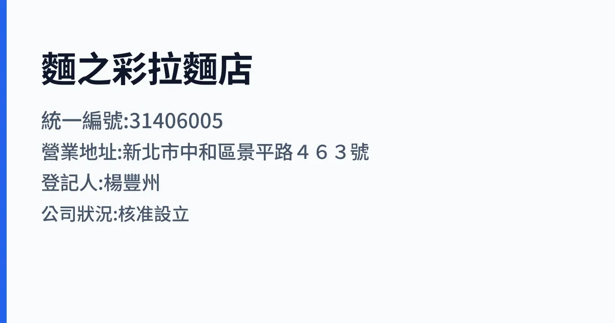 麵之彩拉麵店 - 統編 31406005(新北市) 公司登記資料與營業項目詳細圖表