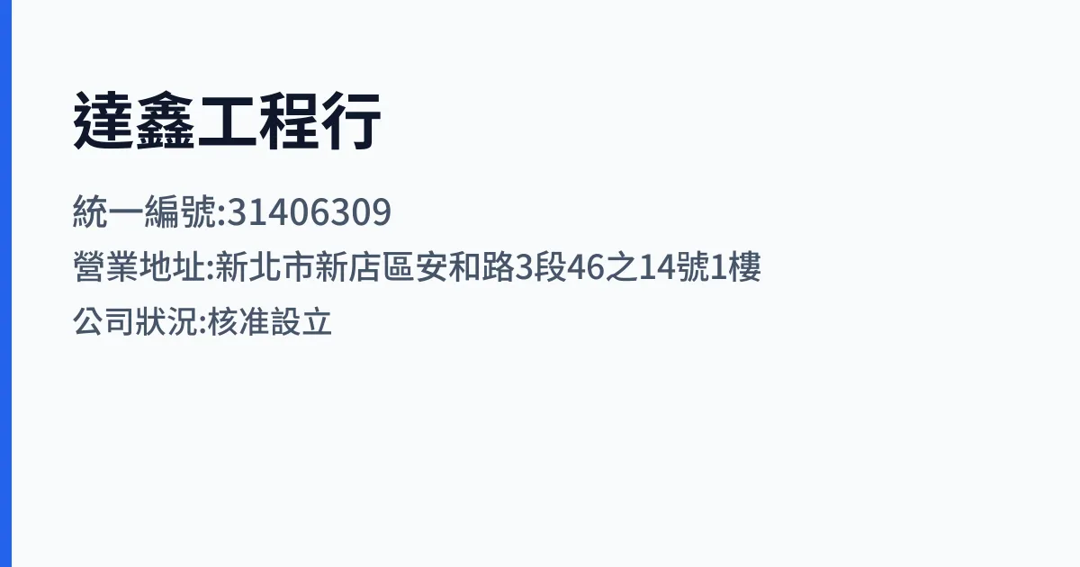 達鑫工程行 - 統編 31406309(新北市) 公司登記資料與營業項目詳細圖表
