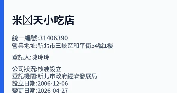 米爲天小吃店的照片-統編 31406390(新北市) 公司登記資料與營業項目詳細圖表