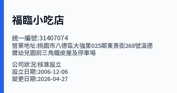 福臨小吃店的照片-統編 31407074(桃園市) 公司登記資料與營業項目詳細圖表