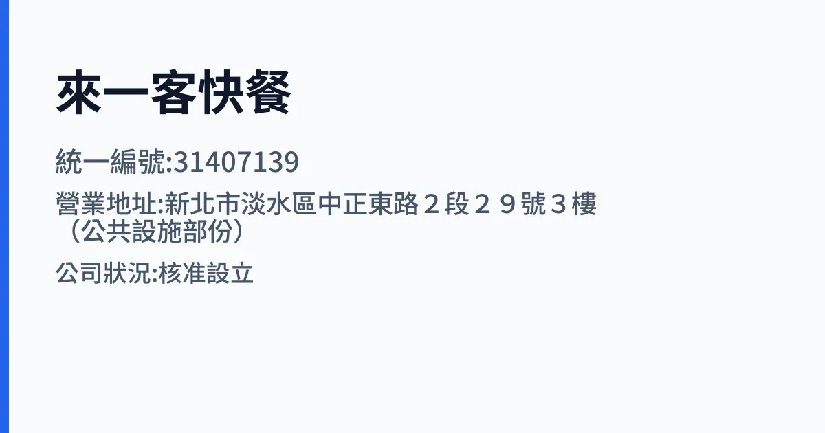 來一客快餐 - 統編 31407139(新北市) 公司登記資料與營業項目詳細圖表