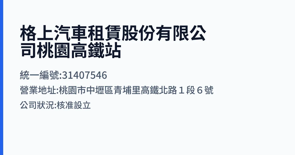 格上汽車租賃股份有限公司桃園高鐵站 - 統編 31407546(桃園市) 公司登記資料與營業項目詳細圖表