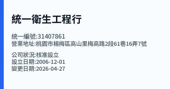 統一衛生工程行的照片-統編 31407861(桃園市) 公司登記資料與營業項目詳細圖表