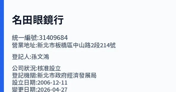 名田眼鏡行的照片-統編 31409684(新北市) 公司登記資料與營業項目詳細圖表
