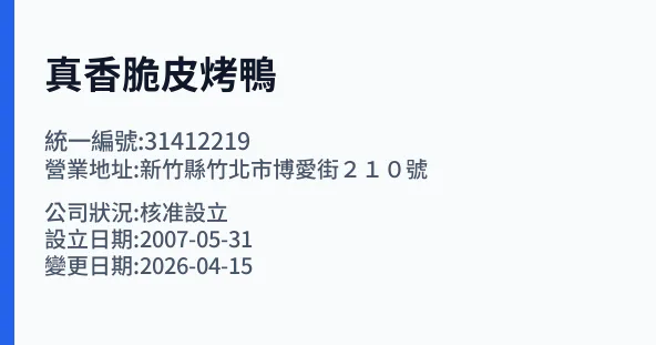真香脆皮烤鴨的照片-統編 31412219(新竹縣) 公司登記資料與營業項目詳細圖表