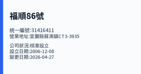福順86號的照片-統編 31416411(宜蘭縣) 公司登記資料與營業項目詳細圖表