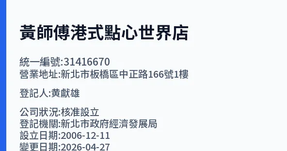 黃師傅港式點心世界店的照片-統編 31416670(新北市) 公司登記資料與營業項目詳細圖表