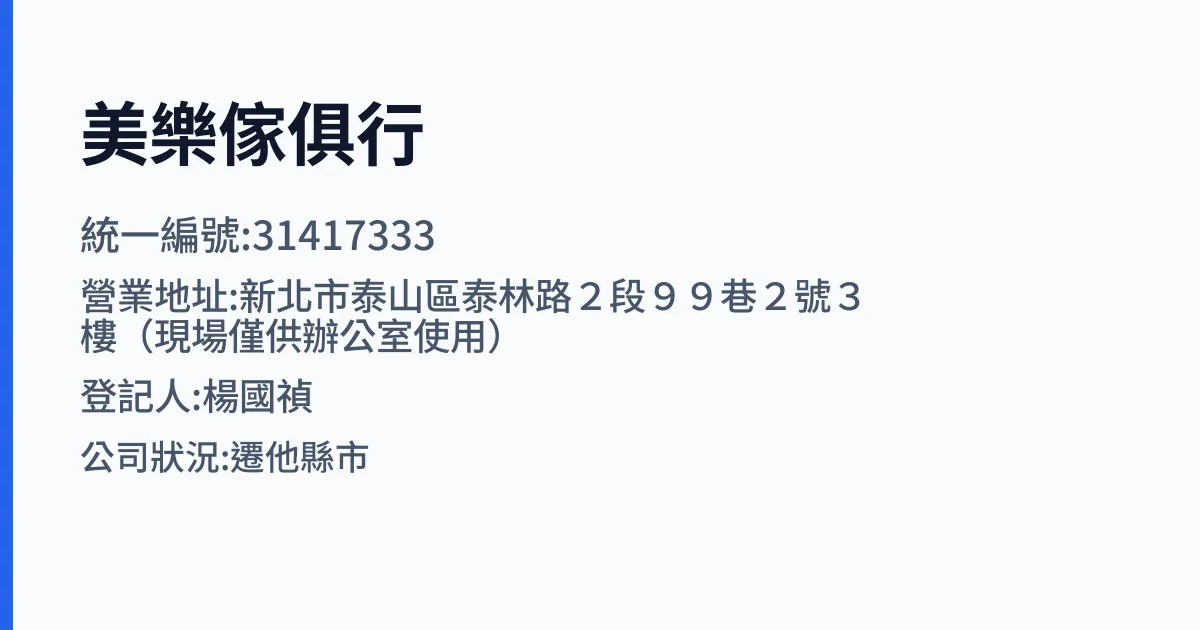 美樂傢俱行 - 統編 31417333(桃園市) 公司登記資料與營業項目詳細圖表