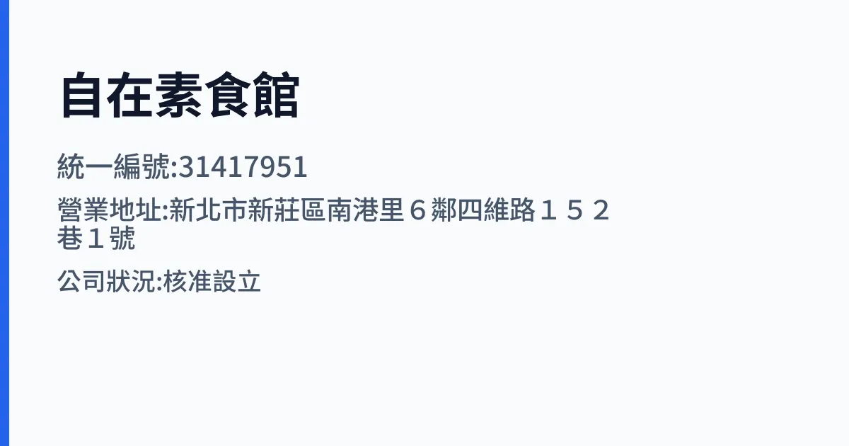 自在素食館 - 統編 31417951(新北市) 公司登記資料與營業項目詳細圖表