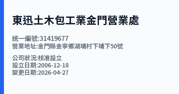 東迅土木包工業金門營業處的照片-統編 31419677(金門縣) 公司登記資料與營業項目詳細圖表