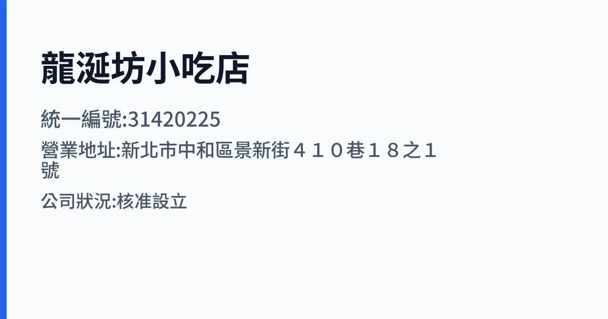 龍涎坊小吃店 - 統編 31420225(新北市) 公司登記資料與營業項目詳細圖表