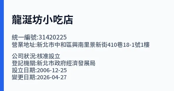 龍涎坊小吃店的照片-統編 31420225(新北市) 公司登記資料與營業項目詳細圖表