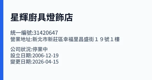 星輝廚具燈飾店的照片-統編 31420647(新北市) 公司登記資料與營業項目詳細圖表