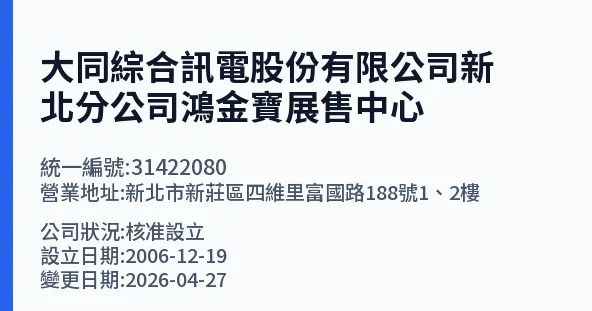 大同綜合訊電股份有限公司新北分公司鴻金寶展售中心的照片-統編 31422080(新北市) 公司登記資料與營業項目詳細圖表