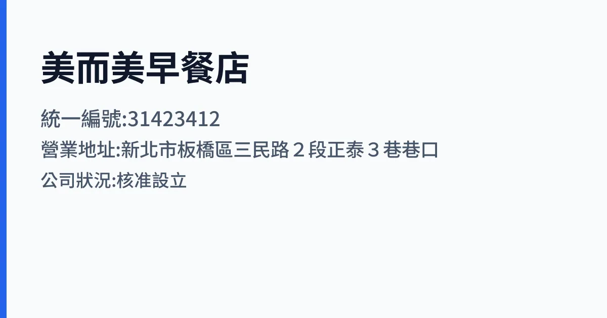 美而美早餐店 - 統編 31423412(新北市) 公司登記資料與營業項目詳細圖表