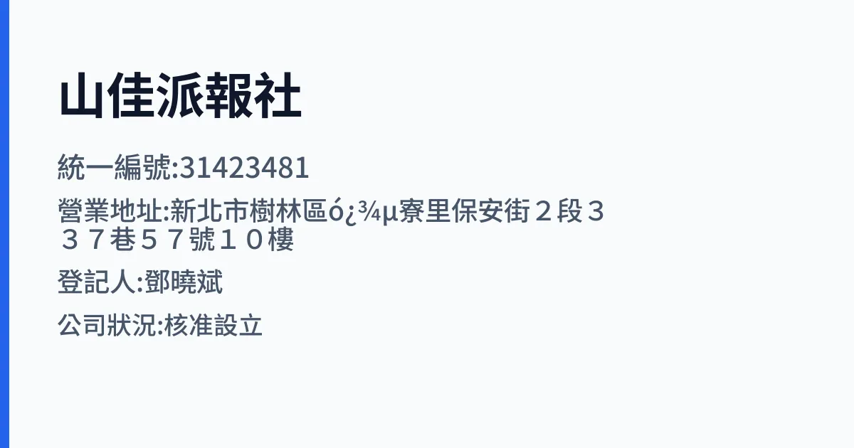 山佳派報社 - 統編 31423481(新北市) 公司登記資料與營業項目詳細圖表