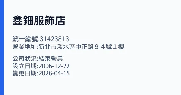 鑫鈿服飾店的照片-統編 31423813(新北市) 公司登記資料與營業項目詳細圖表