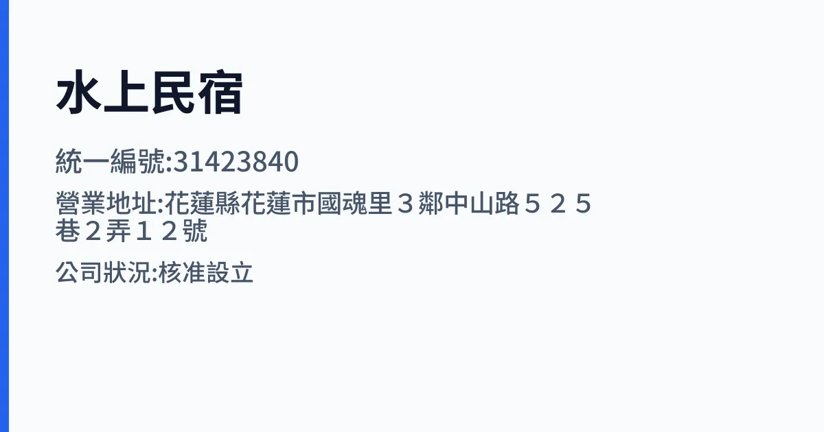 水上民宿 - 統編 31423840(花蓮縣) 公司登記資料與營業項目詳細圖表