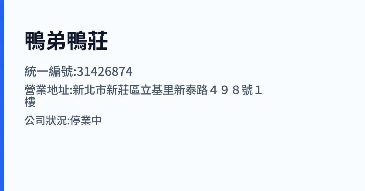 鴨弟鴨莊 - 統編 31426874(新北市) 公司登記資料與營業項目詳細圖表