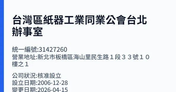 台灣區紙器工業同業公會台北辦事室的照片-統編 31427260(新北市) 公司登記資料與營業項目詳細圖表