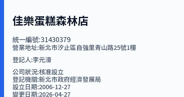 佳樂蛋糕森林店的照片-統編 31430379(新北市) 公司登記資料與營業項目詳細圖表