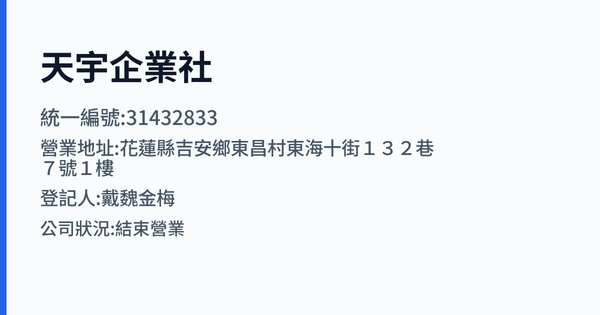 天宇企業社 - 統編 31432833（花蓮縣） 公司登記資料與營業項目詳細圖表