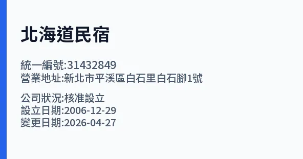 北海道民宿的照片-統編 31432849(新北市) 公司登記資料與營業項目詳細圖表
