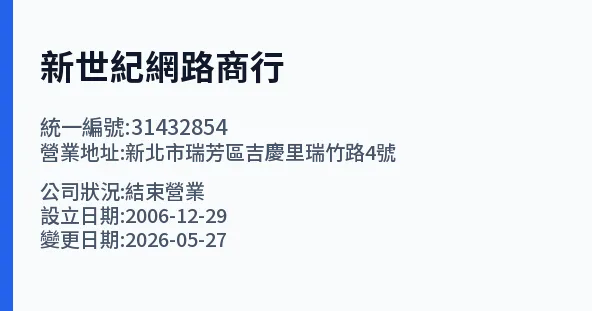 新世紀網路商行的照片-統編 31432854(新北市) 公司登記資料與營業項目詳細圖表