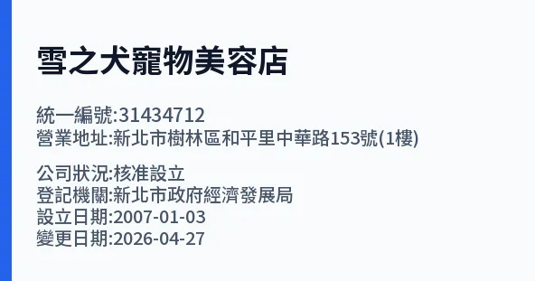 雪之犬寵物美容店的照片-統編 31434712(新北市) 公司登記資料與營業項目詳細圖表