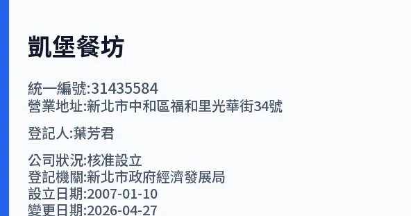 凱堡餐坊的照片-統編 31435584(新北市) 公司登記資料與營業項目詳細圖表