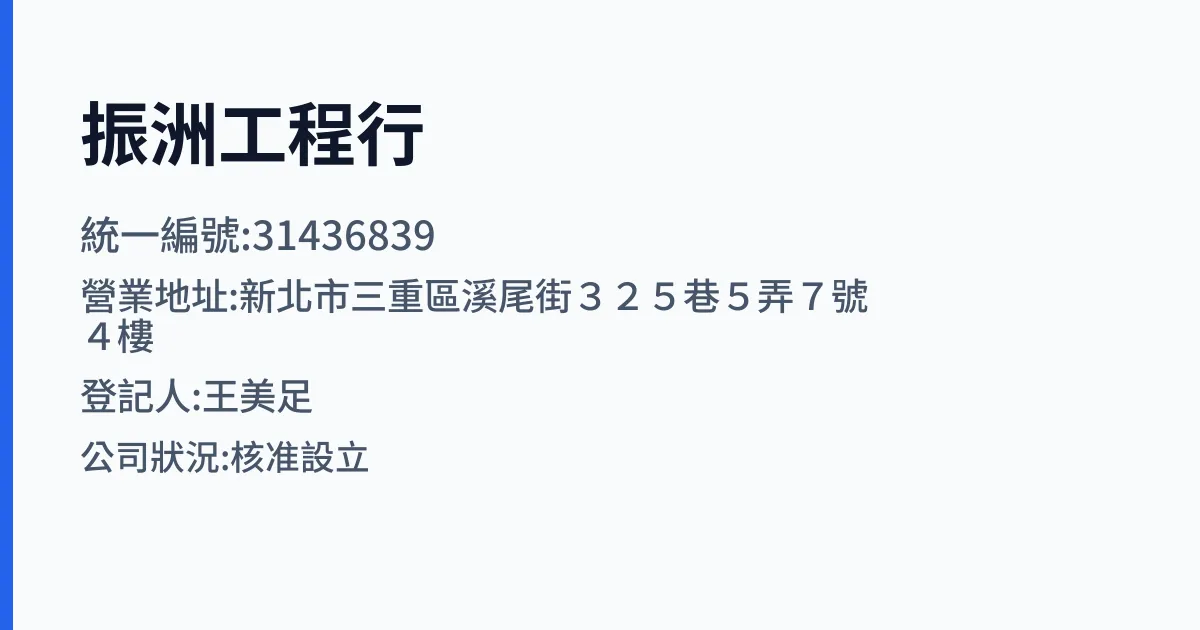 振洲工程行 - 統編 31436839(新北市) 公司登記資料與營業項目詳細圖表