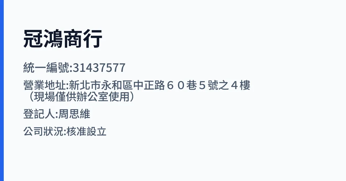 冠鴻商行 - 統編 31437577（新北市） 公司登記資料與營業項目詳細圖表