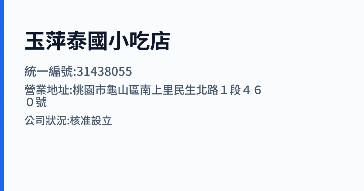 玉萍泰國小吃店 - 統編 31438055(桃園市) 公司登記資料與營業項目詳細圖表