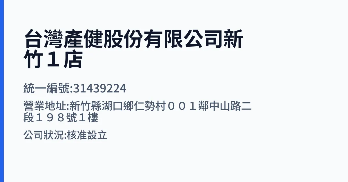 台灣產健股份有限公司新竹1店 - 統編 31439224(新竹縣) 公司登記資料與營業項目詳細圖表