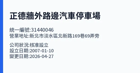 正德牆外路邊汽車停車場的照片-統編 31440046(新北市) 公司登記資料與營業項目詳細圖表