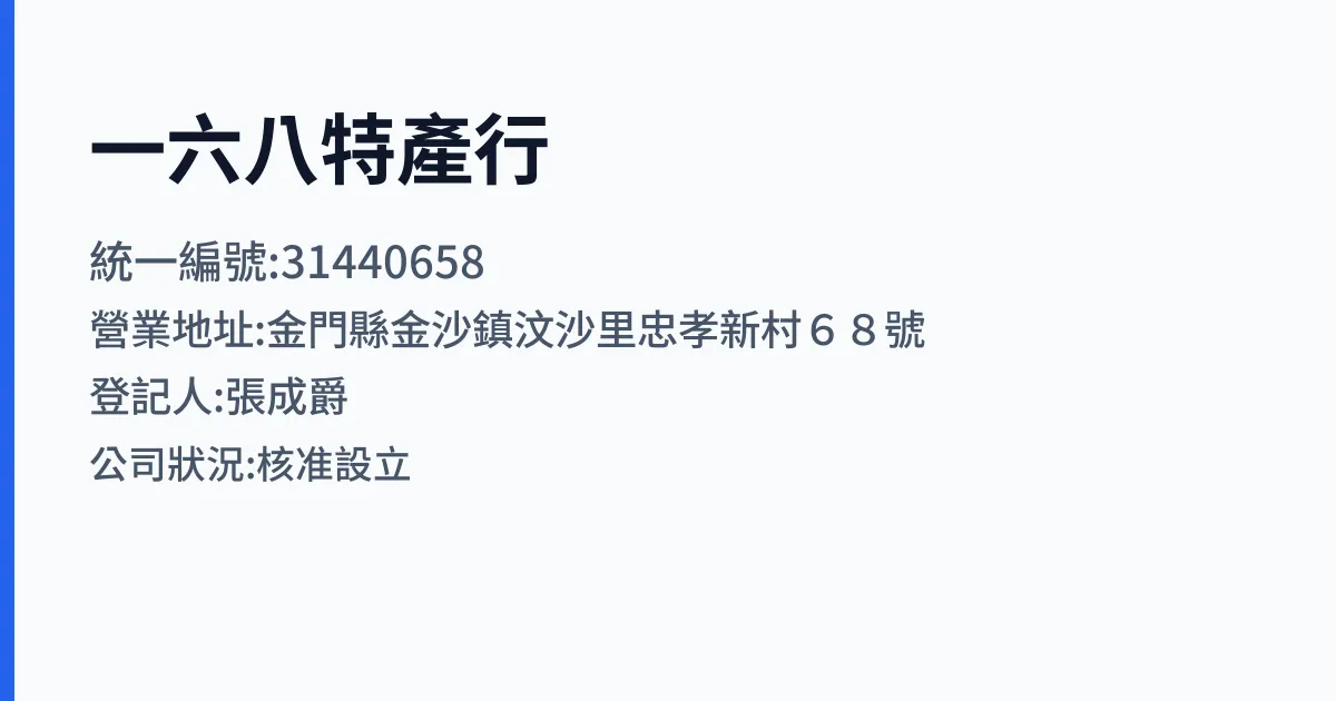 一六八特產行 - 統編 31440658(金門縣) 公司登記資料與營業項目詳細圖表