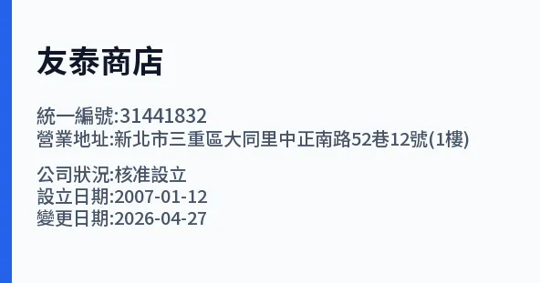 友泰商店的照片-統編 31441832(新北市) 公司登記資料與營業項目詳細圖表