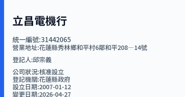 立昌電機行的照片-統編 31442065(花蓮縣) 公司登記資料與營業項目詳細圖表