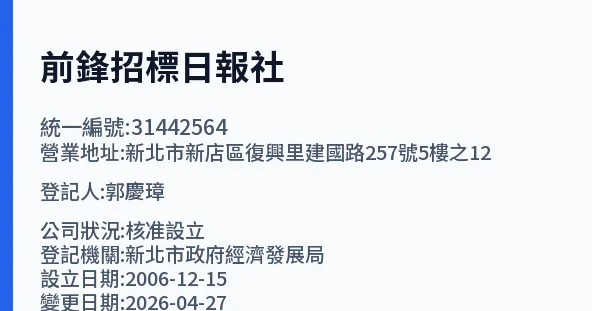 前鋒招標日報社的照片-統編 31442564(新北市) 公司登記資料與營業項目詳細圖表