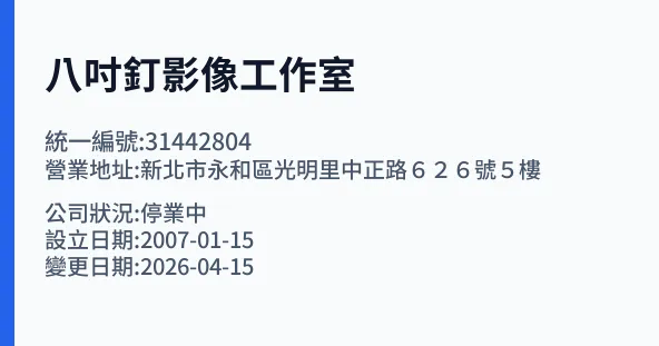 八吋釘影像工作室的照片-統編 31442804(新北市) 公司登記資料與營業項目詳細圖表
