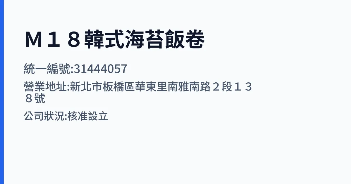Ｍ１８韓式海苔飯卷 - 統編 31444057(新北市) 公司登記資料與營業項目詳細圖表