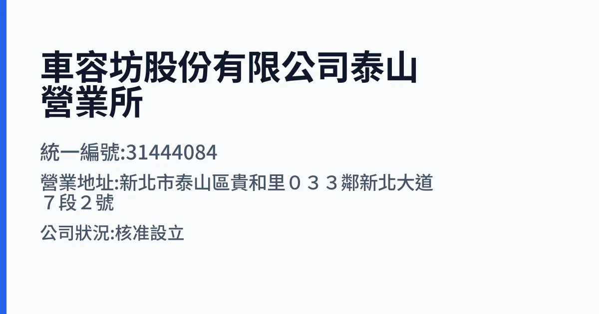 車容坊股份有限公司泰山營業所 - 統編 31444084(新北市) 公司登記資料與營業項目詳細圖表