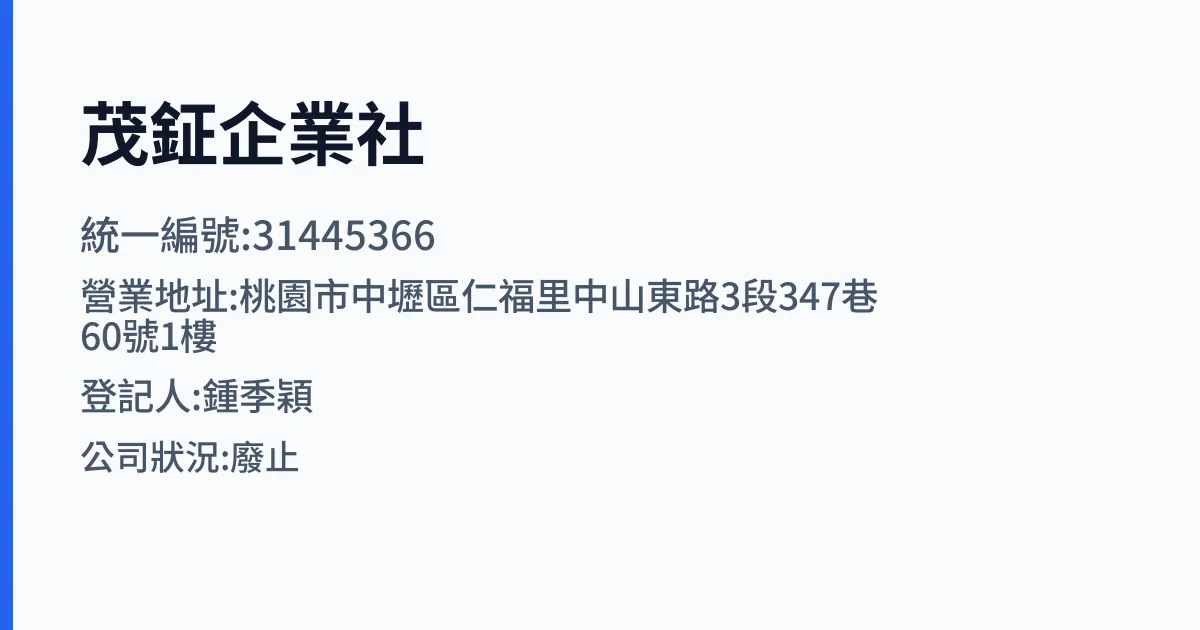 茂鉦企業社 - 統編 31445366(桃園市) 公司登記資料與營業項目詳細圖表