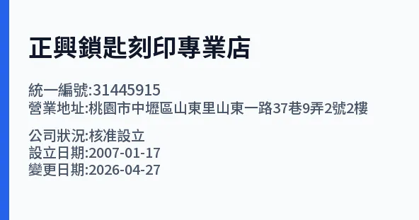 正興鎖匙刻印專業店的照片-統編 31445915(桃園市) 公司登記資料與營業項目詳細圖表