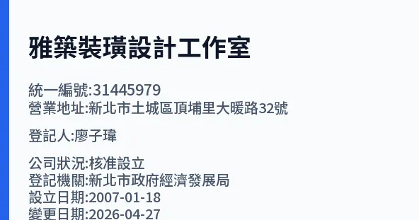 雅築裝璜設計工作室的照片-統編 31445979(新北市) 公司登記資料與營業項目詳細圖表